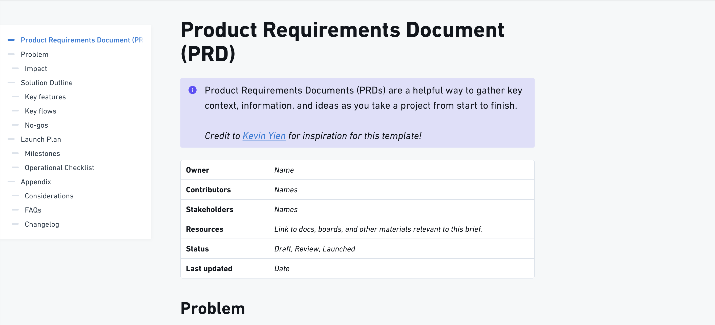Simple Product Requirement Document Template (PRD)